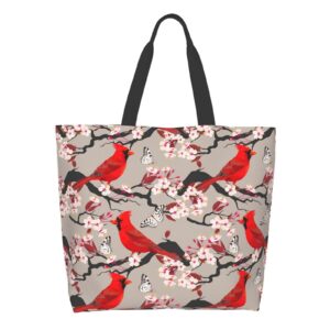 famame cardinal birds cherry flowers canvas tote bag large women casual shoulder bag handbag reusable multipurpose shopping grocery bag for outdoors