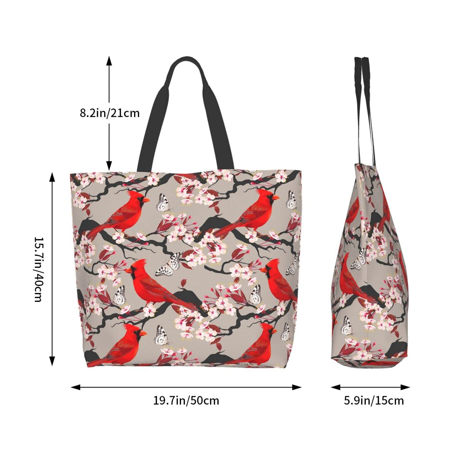 Famame Cardinal Birds Cherry Flowers Canvas Tote Bag Large Women Casual Shoulder Bag Handbag Reusable Multipurpose Shopping Grocery Bag For Outdoors