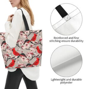 Famame Cardinal Birds Cherry Flowers Canvas Tote Bag Large Women Casual Shoulder Bag Handbag Reusable Multipurpose Shopping Grocery Bag For Outdoors