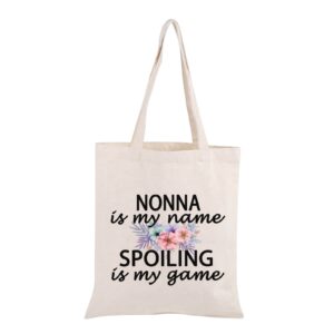 pwhaoo grandma nonna gift nonna is my name spoiling is my game tote bag canvas best nonna ever shopping bag (spoiling nonna tote)