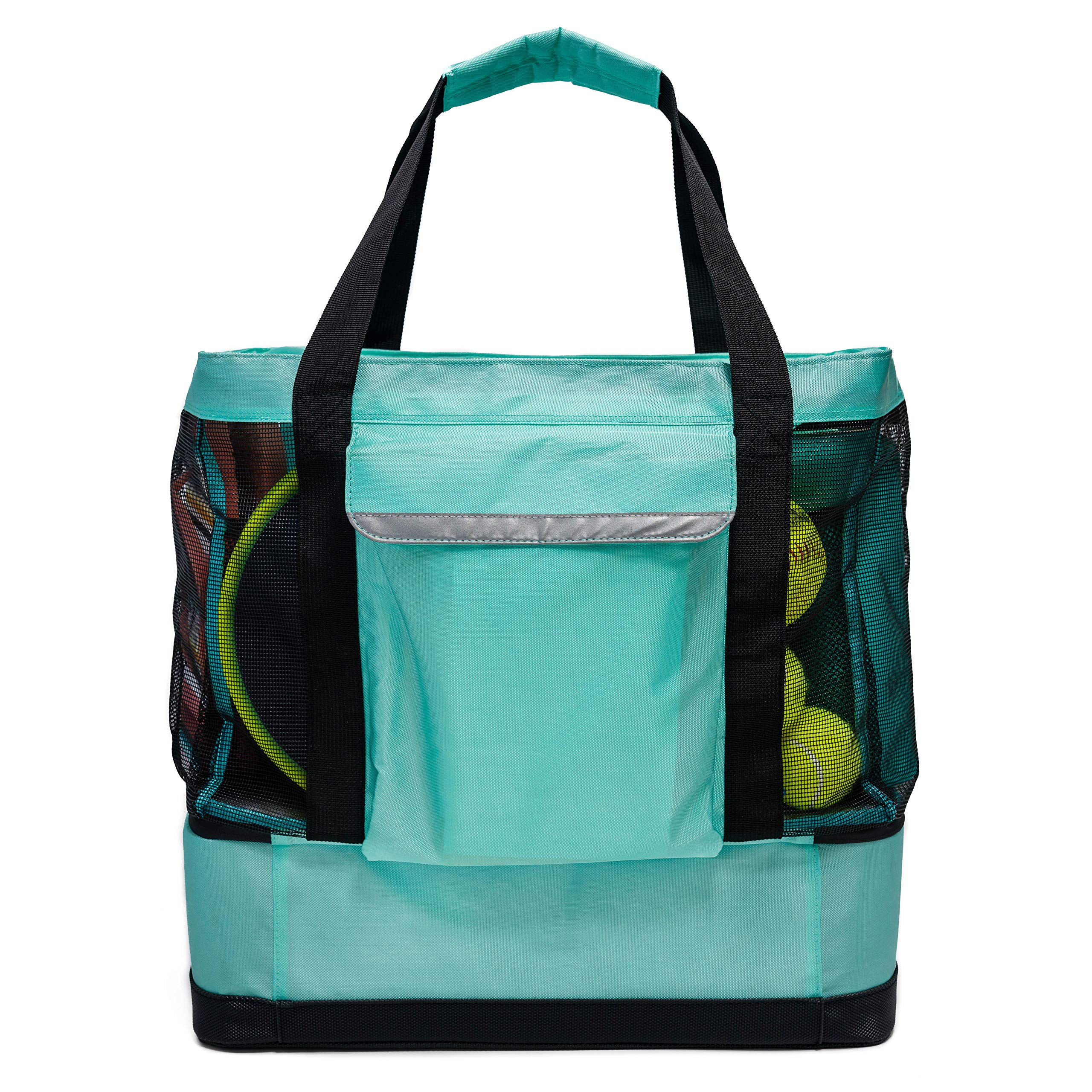 ToteCooler Beach Picnic Mesh Tote Bag with Zipper Top, Dual Internal Sling Bottle Pockets, 3 Exterior Pockets and Insulated Soft Cooler with Anti-Slip Rubber Base Guard (Seafoam)