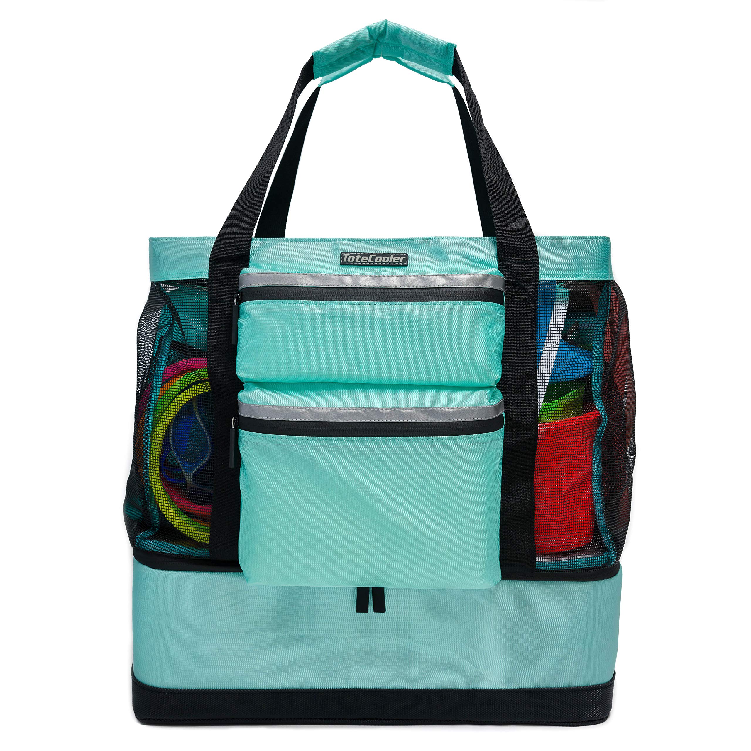 ToteCooler Beach Picnic Mesh Tote Bag with Zipper Top, Dual Internal Sling Bottle Pockets, 3 Exterior Pockets and Insulated Soft Cooler with Anti-Slip Rubber Base Guard (Seafoam)