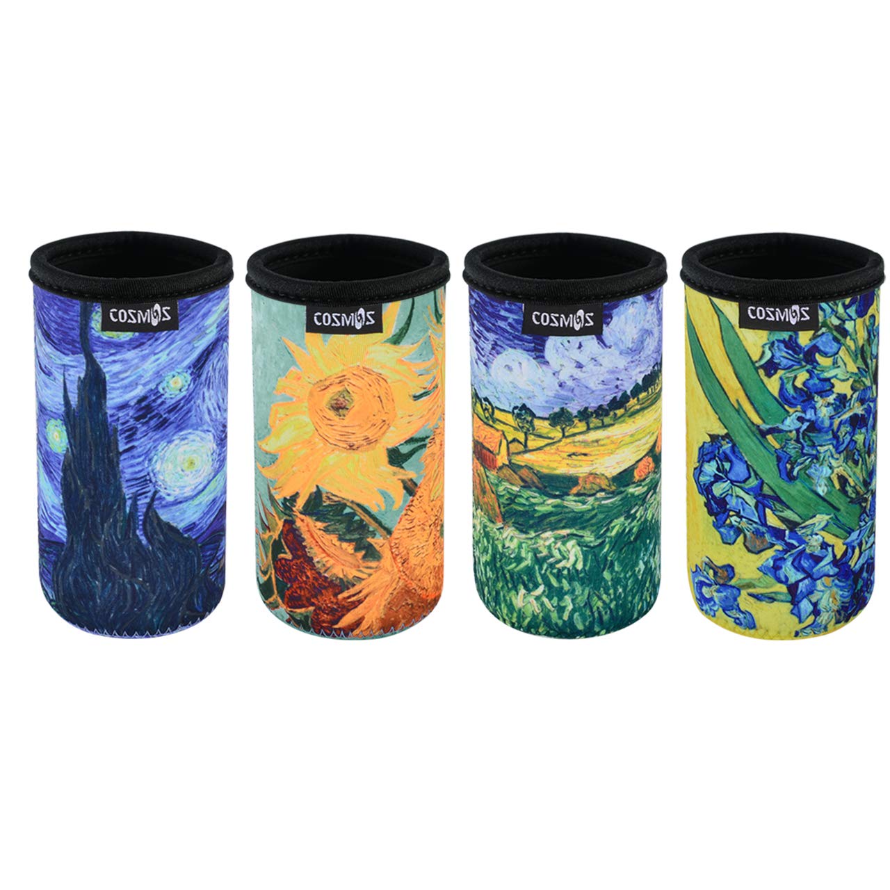 CM Soft Neoprene Slim Can Sleeves Insulators Slim Can Covers with Van Gogh Painting The Starry Night Sunflowers Painting Pattern for 12 Fluid Ounce Energy Drink & Beer Cans