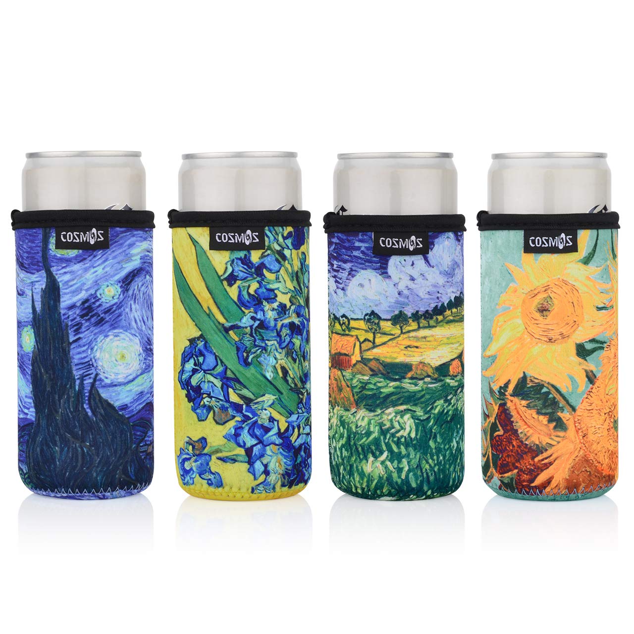 CM Soft Neoprene Slim Can Sleeves Insulators Slim Can Covers with Van Gogh Painting The Starry Night Sunflowers Painting Pattern for 12 Fluid Ounce Energy Drink & Beer Cans