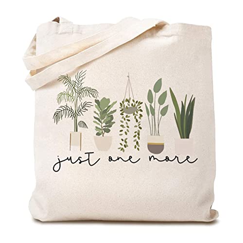 TSIIUO Women's Just One More Plant Canvas Tote Bag Funny Gardener Gift Plant Lover Reusable Shopping Canvas Bag White