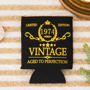 Crisky Vintage 1974 Can Coolers 50th Birthday Beer Sleeve Party Favor 50th Birthday Decoarions Black and Gold, Can Insulated Covers Neoprene Coolers for Soda, Beer, Beverage, 12 pcs