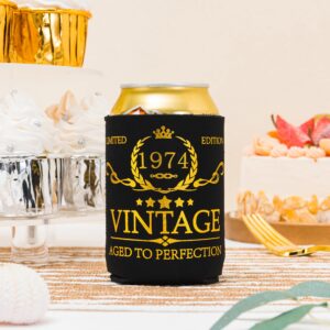 Crisky Vintage 1974 Can Coolers 50th Birthday Beer Sleeve Party Favor 50th Birthday Decoarions Black and Gold, Can Insulated Covers Neoprene Coolers for Soda, Beer, Beverage, 12 pcs