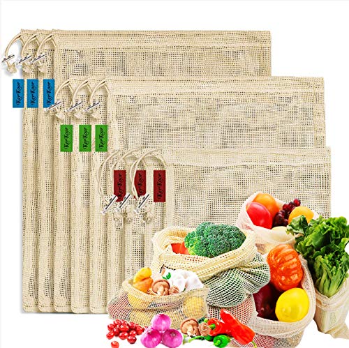 KerKoor Reusable Organic Cotton Produce Bags - Set of 9 Cotton Mesh Bags with Drawstring Tare Weight Eco-Friendly Net-zero Bulk Shopping Storage Bag for Fruit, Vegetable, Toys