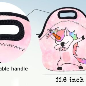 AOTIGO Dab Unicorn Dabbing Dance Neoprene Lunch Bag Insulated Lunch Box Waterproof Lunch Tote Bag with Zipper for Women Kids Boys Girls and Men