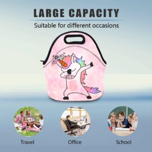 AOTIGO Dab Unicorn Dabbing Dance Neoprene Lunch Bag Insulated Lunch Box Waterproof Lunch Tote Bag with Zipper for Women Kids Boys Girls and Men