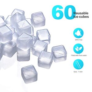 VOJP Reusable Ice Cubes Plastic Whiskey Stones to Keep your Drinks such as Lemon Wine Cold Longer Good for Party and Wedding Filled with Pure Water Comes in White Clear Color (60 Packs)