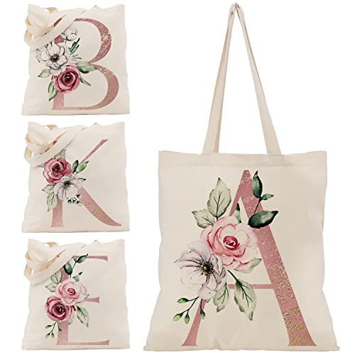 Floral Initial Canvas Bags for Women - Initial Tote Wedding Bag for Bridal Shower - Bachelorette Party Gift for Bridesmaid (Initial #A)