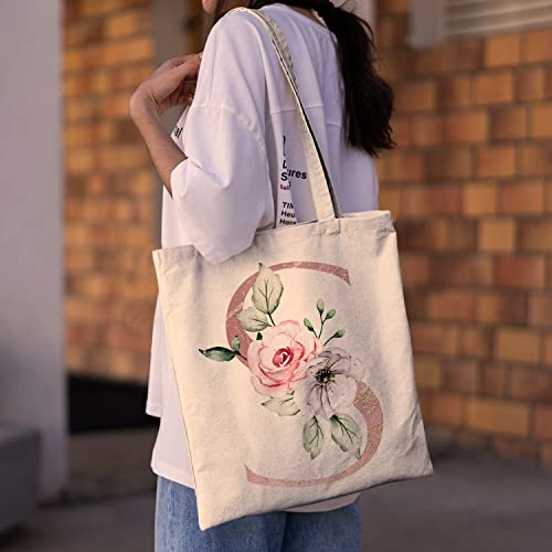 Floral Initial Canvas Bags for Women - Initial Tote Wedding Bag for Bridal Shower - Bachelorette Party Gift for Bridesmaid (Initial #A)