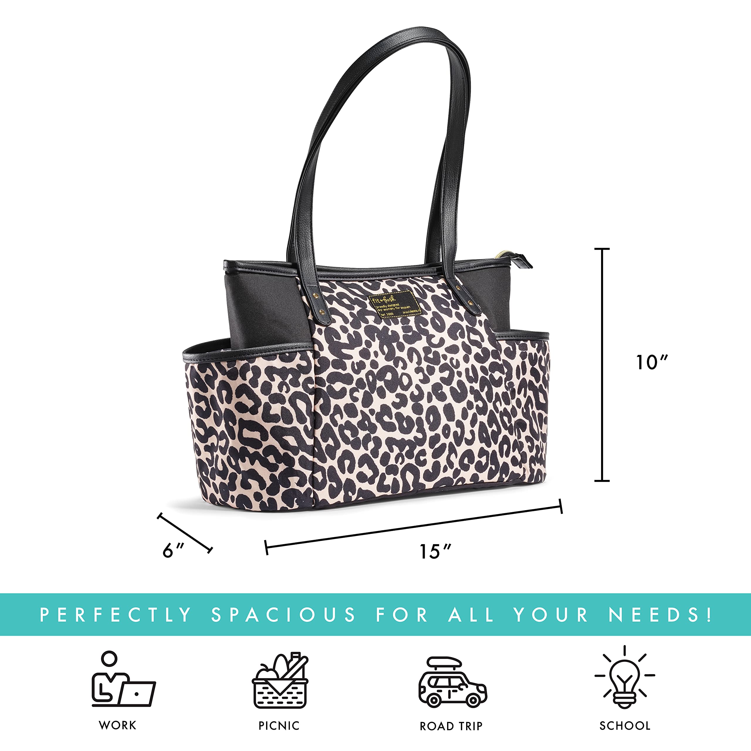 Fit & Fresh Navarto Adult Insulated Lunch Bag with Side Pouches & Carry Handles, Complete Lunch Kit Includes Matching Tumbler & Container, Feline Fine