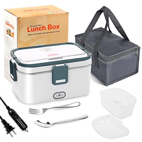 Onanuto Electric Lunch Box Food Heated 12V 24V 110V 3 in 1 Portable Food Warmer Heater 60W Lunch Box for Car/Truck/Home,1.5L Removable Stainless Steel Container, Fork & Spoon Included