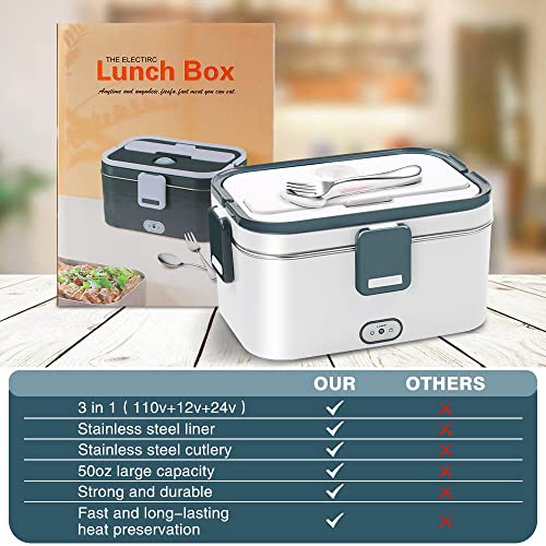 Onanuto Electric Lunch Box Food Heated 12V 24V 110V 3 in 1 Portable Food Warmer Heater 60W Lunch Box for Car/Truck/Home,1.5L Removable Stainless Steel Container, Fork & Spoon Included