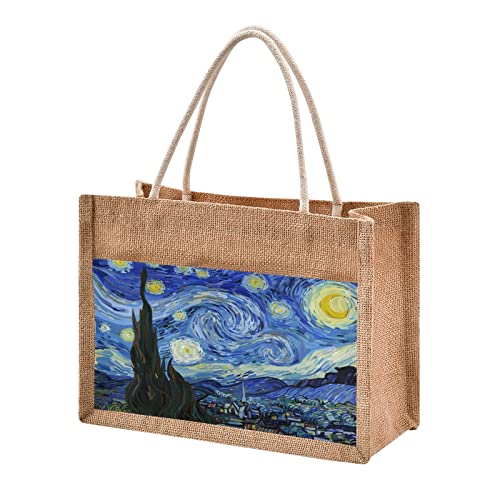 CaTaKu Van Gogh The Starry Night Jute Tote Bags with Handles & Zipper Reusable Shopping Grocery Bags Burlap Bags with Front Canvas Pocket Gift Bags for Wedding 12" x 9"