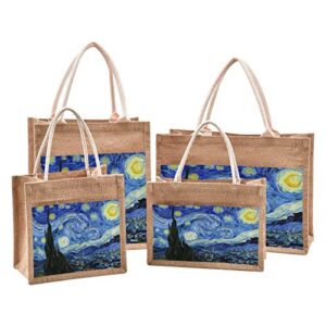 CaTaKu Van Gogh The Starry Night Jute Tote Bags with Handles & Zipper Reusable Shopping Grocery Bags Burlap Bags with Front Canvas Pocket Gift Bags for Wedding 12" x 9"