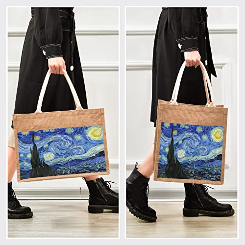 CaTaKu Van Gogh The Starry Night Jute Tote Bags with Handles & Zipper Reusable Shopping Grocery Bags Burlap Bags with Front Canvas Pocket Gift Bags for Wedding 12" x 9"