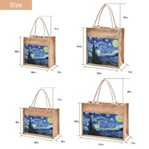 CaTaKu Van Gogh The Starry Night Jute Tote Bags with Handles & Zipper Reusable Shopping Grocery Bags Burlap Bags with Front Canvas Pocket Gift Bags for Wedding 12" x 9"