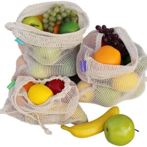 Lesibag 9 Pcs Reusable Cotton Mesh Grocery Bags Reusable Washable Produce Bags for Fruits, Vegetable, Food, Toys (Beige)