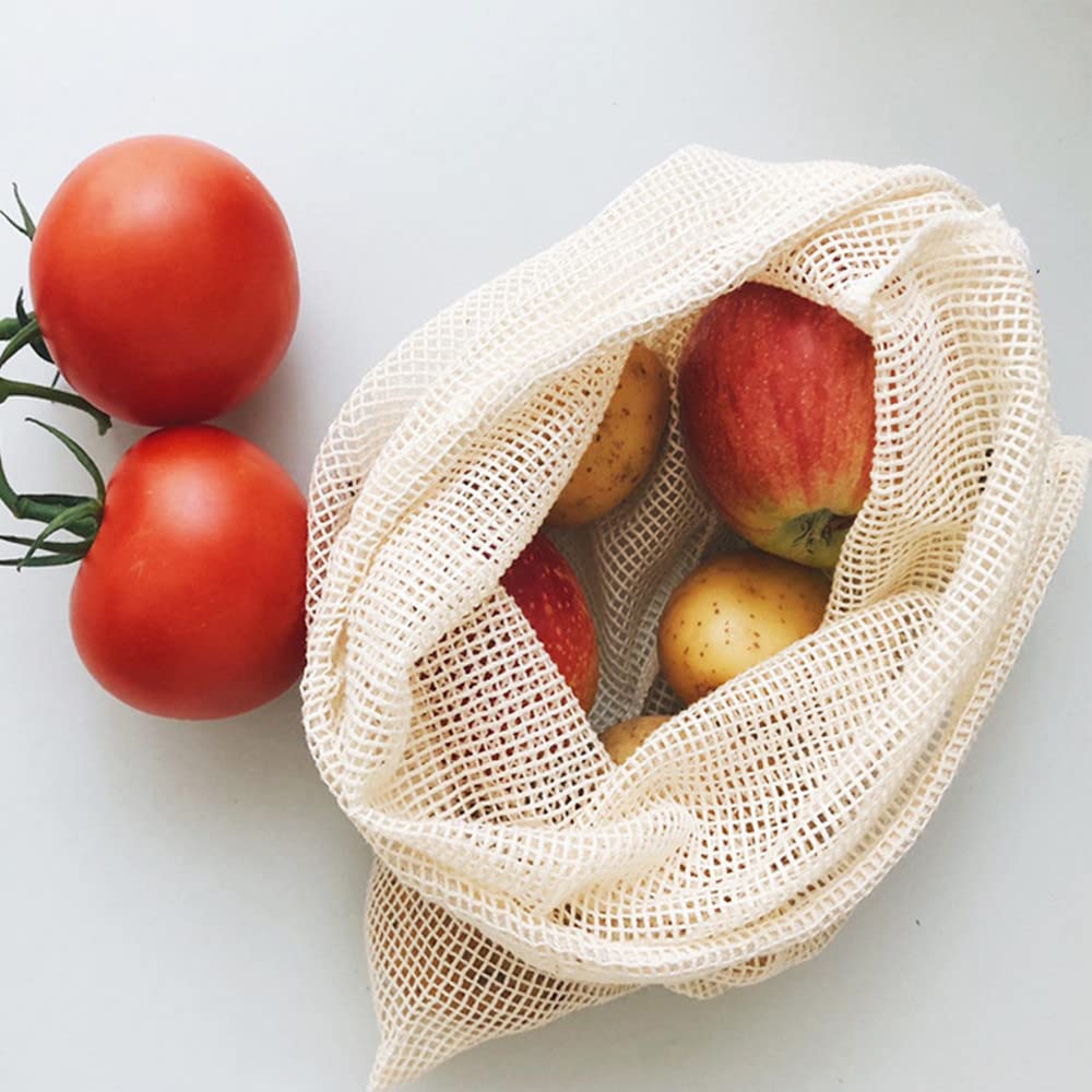 Lesibag 9 Pcs Reusable Cotton Mesh Grocery Bags Reusable Washable Produce Bags for Fruits, Vegetable, Food, Toys (Beige)