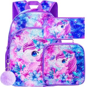 ufndc 3pcs girls backpack with lunch box, 16”sequin unicorn bookbag for kids, school bag for elementary toddler - purple