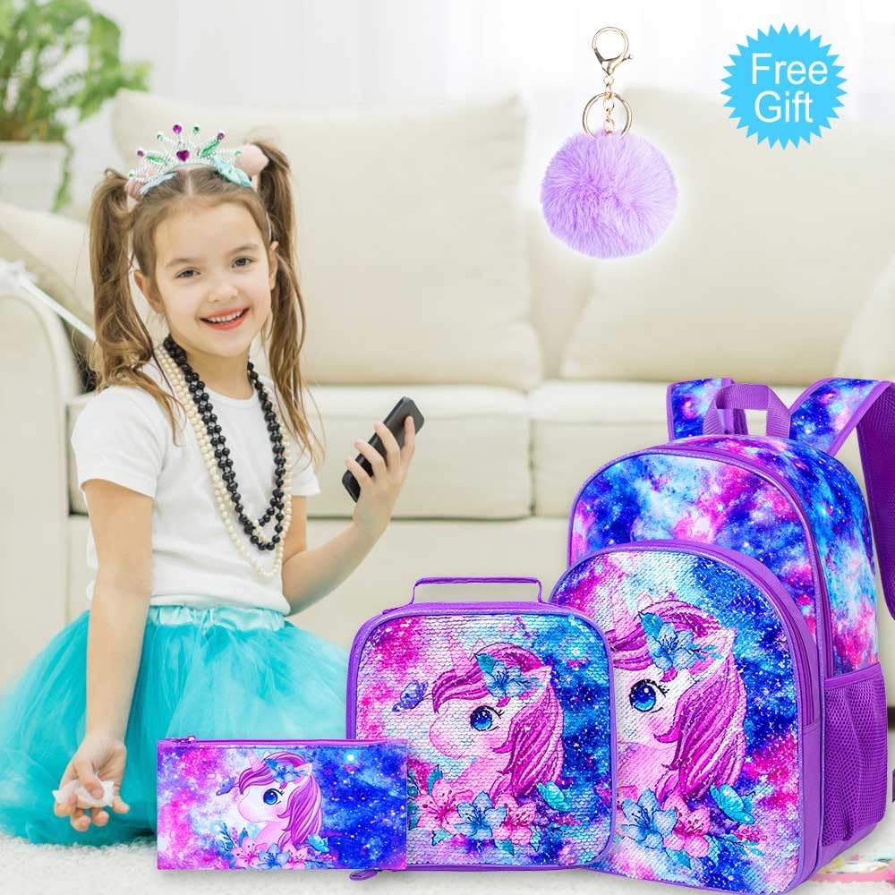 UFNDC 3PCS Girls Backpack with Lunch Box, 16”Sequin Unicorn Bookbag for Kids, School Bag for Elementary Toddler - Purple