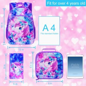 UFNDC 3PCS Girls Backpack with Lunch Box, 16”Sequin Unicorn Bookbag for Kids, School Bag for Elementary Toddler - Purple