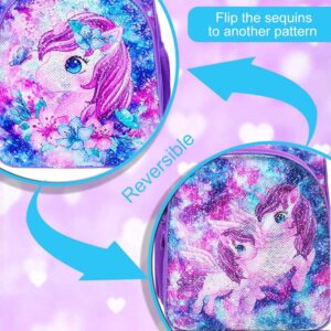 UFNDC 3PCS Girls Backpack with Lunch Box, 16”Sequin Unicorn Bookbag for Kids, School Bag for Elementary Toddler - Purple