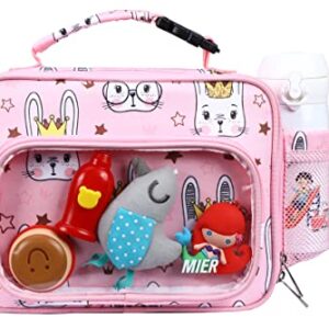 MIER Lunch Bags for Kids Boys Girls Toddlers Cute Insulated Lunch Box Tote School Lunchbox Kit with External Water Bottle Holder/Clear Zipper Pocket (Light Pink-Rabbit)