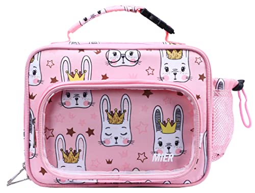 MIER Lunch Bags for Kids Boys Girls Toddlers Cute Insulated Lunch Box Tote School Lunchbox Kit with External Water Bottle Holder/Clear Zipper Pocket (Light Pink-Rabbit)