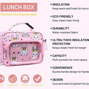 MIER Lunch Bags for Kids Boys Girls Toddlers Cute Insulated Lunch Box Tote School Lunchbox Kit with External Water Bottle Holder/Clear Zipper Pocket (Light Pink-Rabbit)