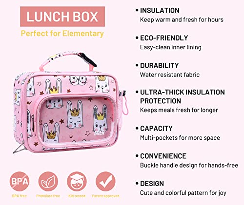 MIER Lunch Bags for Kids Boys Girls Toddlers Cute Insulated Lunch Box Tote School Lunchbox Kit with External Water Bottle Holder/Clear Zipper Pocket (Light Pink-Rabbit)