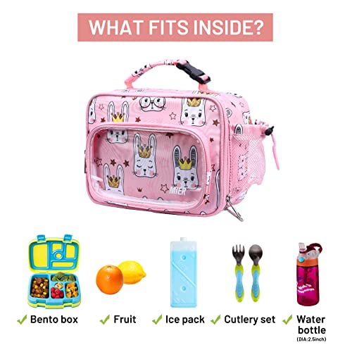 MIER Lunch Bags for Kids Boys Girls Toddlers Cute Insulated Lunch Box Tote School Lunchbox Kit with External Water Bottle Holder/Clear Zipper Pocket (Light Pink-Rabbit)