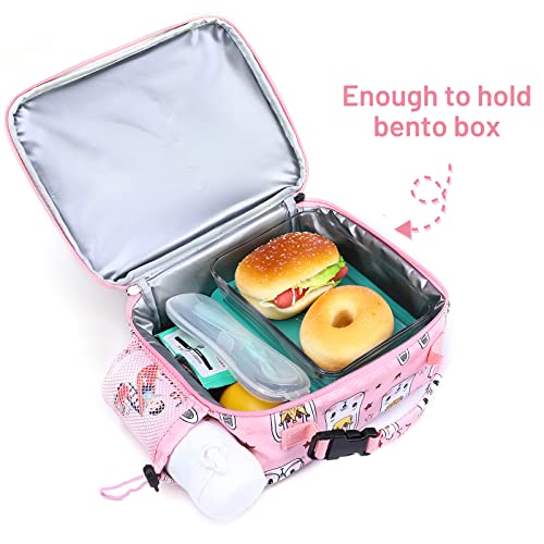 MIER Lunch Bags for Kids Boys Girls Toddlers Cute Insulated Lunch Box Tote School Lunchbox Kit with External Water Bottle Holder/Clear Zipper Pocket (Light Pink-Rabbit)