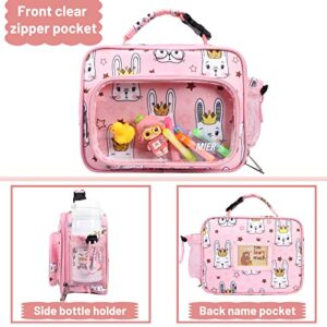 MIER Lunch Bags for Kids Boys Girls Toddlers Cute Insulated Lunch Box Tote School Lunchbox Kit with External Water Bottle Holder/Clear Zipper Pocket (Light Pink-Rabbit)