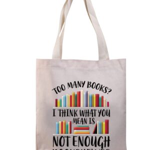 BDPWSS Book Lover Tote Bag For Women Bookworm Librarian Gift Book Club Reading Lover Reusable Shoulder Bag Funny Library Gift (Too many books TG)