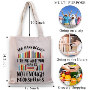 BDPWSS Book Lover Tote Bag For Women Bookworm Librarian Gift Book Club Reading Lover Reusable Shoulder Bag Funny Library Gift (Too many books TG)