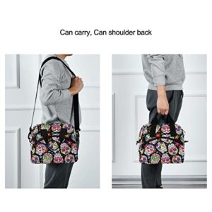 Qilmy Sugar Skull Lunch Bag Insulated Cooler Lunch Tote Bag with Adjustable Shoulder Strap for Office Work School Picnic Travel