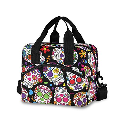 Qilmy Sugar Skull Lunch Bag Insulated Cooler Lunch Tote Bag with Adjustable Shoulder Strap for Office Work School Picnic Travel