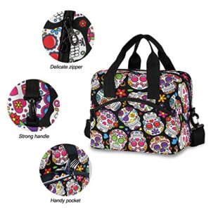 Qilmy Sugar Skull Lunch Bag Insulated Cooler Lunch Tote Bag with Adjustable Shoulder Strap for Office Work School Picnic Travel