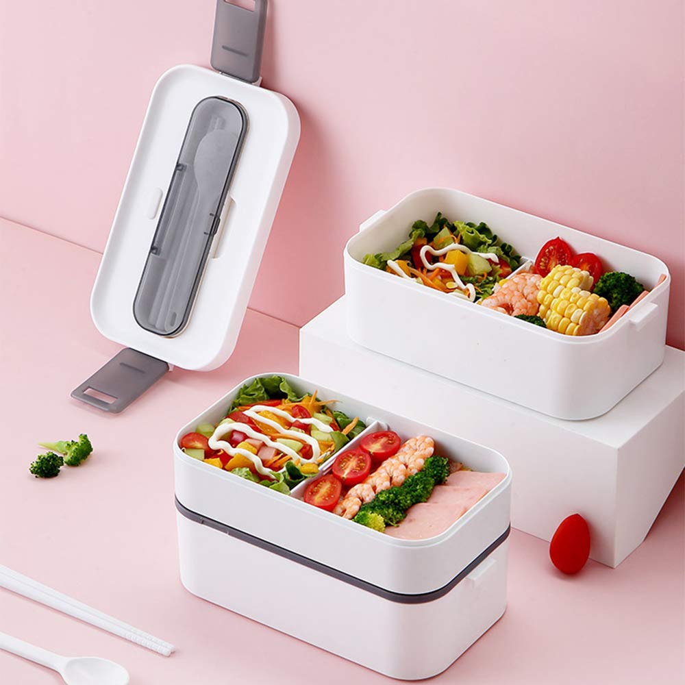 YFBXG Bento Box For Adults,Stackable Bento Lunch Container With Divider，Microwave Safe Leakproof Salad Lunch Container With Utensils & Lunch Bag (White)