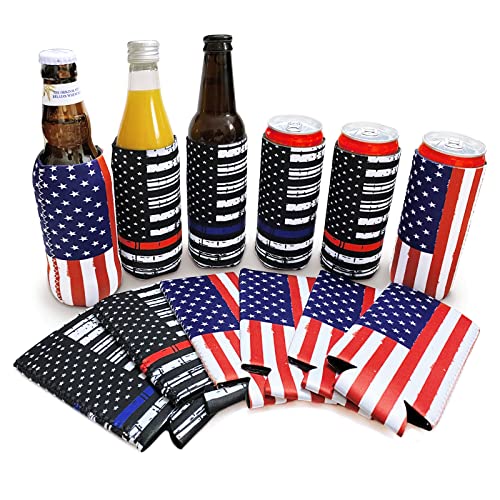 CANWELUX Can Coolers Sleeves, American Flag Koozies, Soft Insulated Reusable Drink Caddies, Patriotic Can Sleeve for Parties,Events or Weddings, (3 forms of US flag,12Pack)