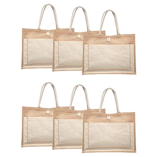 DISCOUNT PROMOS Jute Tote Bags with Cotton Pocket Set of 6, Bulk Pack - Reusable, Great for Picnic, Camping, Beach, Outdoor Activities - Natural