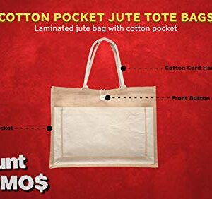 DISCOUNT PROMOS Jute Tote Bags with Cotton Pocket Set of 6, Bulk Pack - Reusable, Great for Picnic, Camping, Beach, Outdoor Activities - Natural