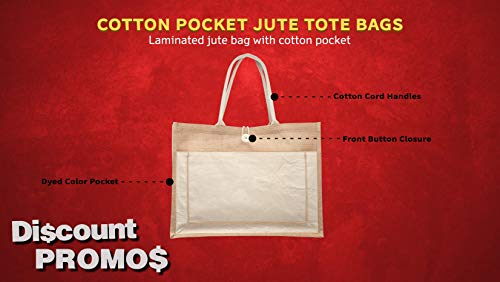 DISCOUNT PROMOS Jute Tote Bags with Cotton Pocket Set of 6, Bulk Pack - Reusable, Great for Picnic, Camping, Beach, Outdoor Activities - Natural