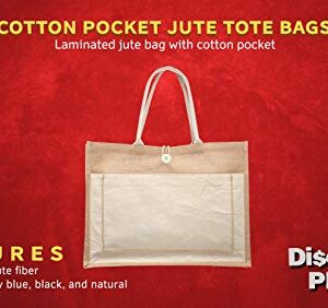 DISCOUNT PROMOS Jute Tote Bags with Cotton Pocket Set of 6, Bulk Pack - Reusable, Great for Picnic, Camping, Beach, Outdoor Activities - Natural