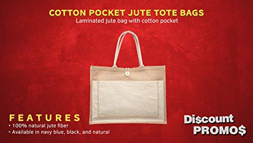 DISCOUNT PROMOS Jute Tote Bags with Cotton Pocket Set of 6, Bulk Pack - Reusable, Great for Picnic, Camping, Beach, Outdoor Activities - Natural