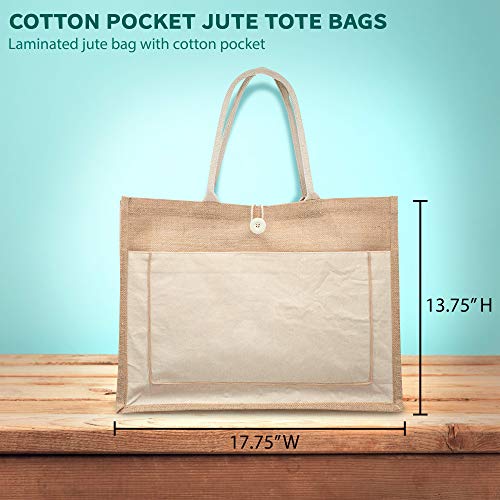 DISCOUNT PROMOS Jute Tote Bags with Cotton Pocket Set of 6, Bulk Pack - Reusable, Great for Picnic, Camping, Beach, Outdoor Activities - Natural